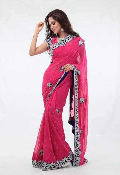 Alluring Pink Sari with Diamond Border – Saris and Things
