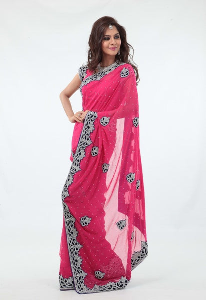 Alluring Pink Sari with Diamond Border – Saris and Things