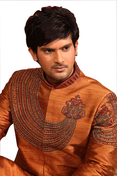 Raw Silk Mustard Indian Wedding Sherwani For Men – Saris and Things