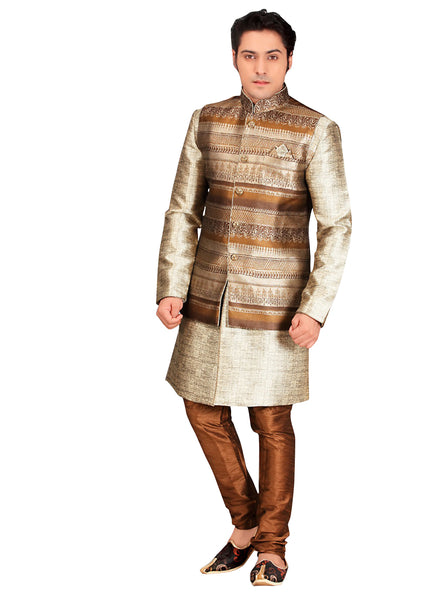 Beige Jacquard Silk Indian Wedding Indo-Western Sherwani For Men ...