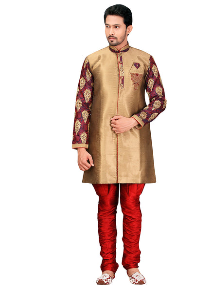 Beige Jacquard Silk Indian Wedding Indo-Western Sherwani For Men ...
