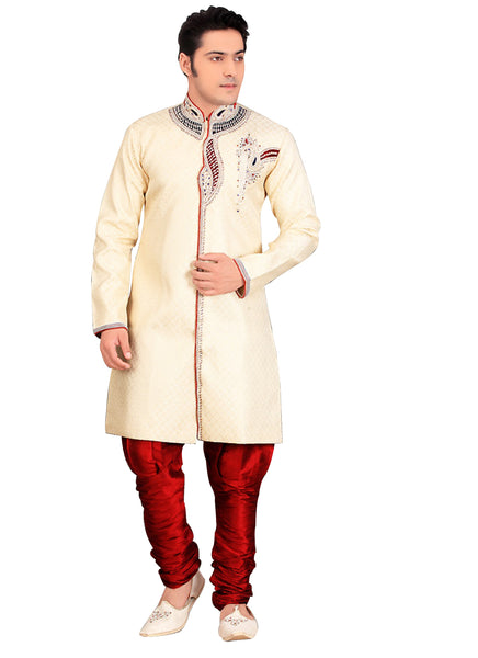 Elegant Cream Jacquard Silk Indian Wedding Sherwani For Men – Saris and ...